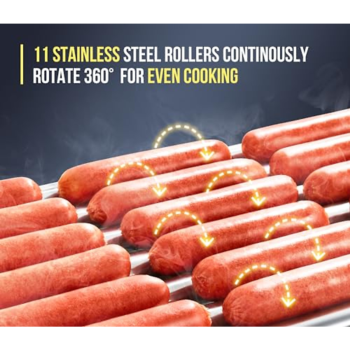 SYBO Hot Dog Roller, 30 Hot Dogs 11 Rollers Grill Cooker Machine with Removable Stainless Steel Drip Tray and Glass Hood Cover, 1430-Watts, Perfect for Commercial And Party