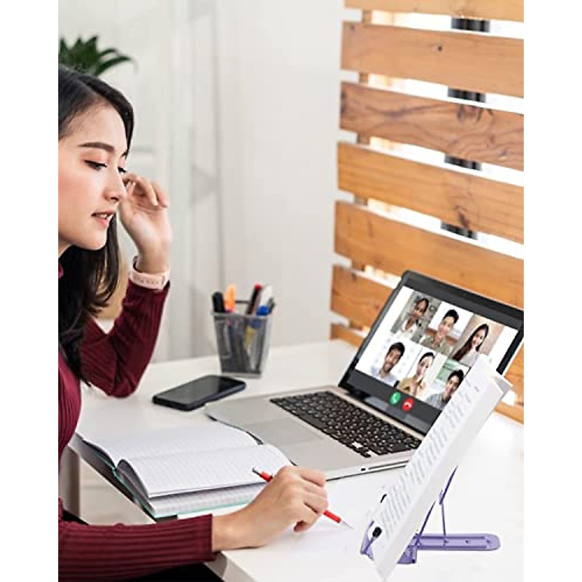 MSDADA 2pc Metal Book Stand for Desk, Adjustable Reading Rest Book Holder, Portable Cookbook Documents Holder, Sturdy Typing Stand for Recipes Textbooks Tablet Music Books with Page Clips (Purple)