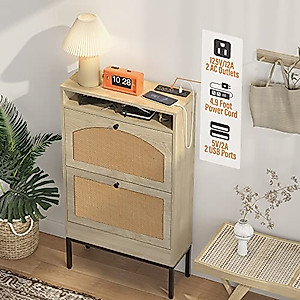 Wanttii Rattan Shoe Cabinet with Charging Station, Shoe Storage Cabinet with 2 Flip Drawers, Slim Shoe Storage for Entryway, Hallway, Living Room (Natural)