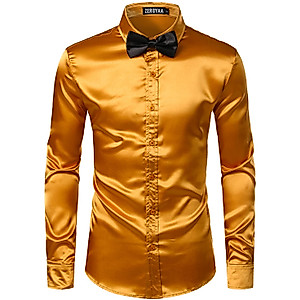 ZEROYAA Men's Luxury Shiny Silk Like Satin Button Up Dress Shirts ZLCL14-Gold Medium
