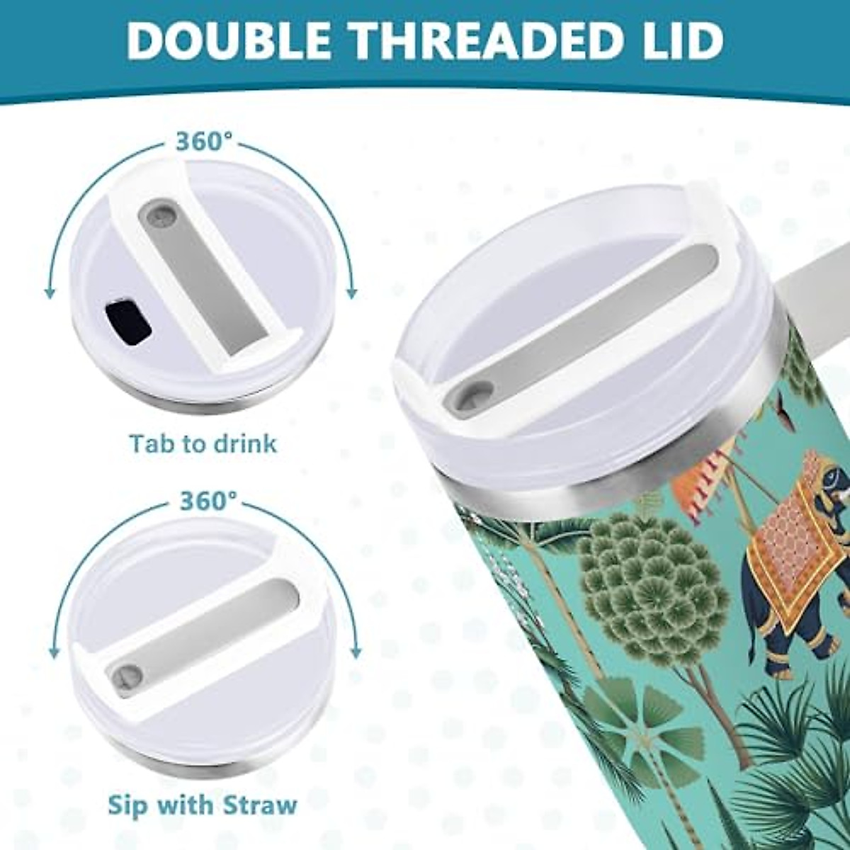 Elephants Peacocks Turquoise 40 oz Tumbler with Lid and Straw Insulated Tumblers with Handle Travel Coffee Mug Cup Large Water Bottles Cup for Men Women Sports Gym