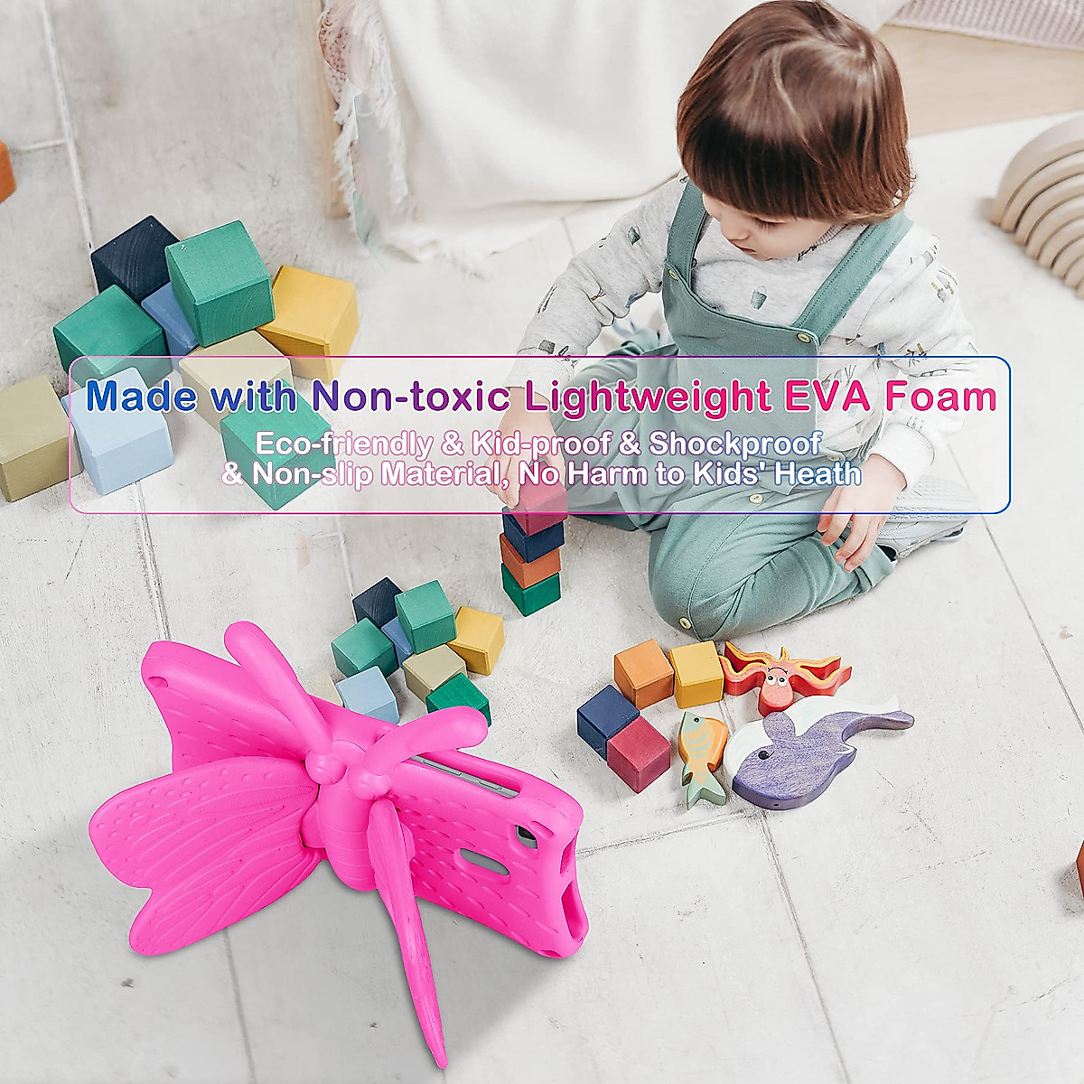 Feitenn Galaxy Tab A 8.0 Case for Kids 2019 SM-T290 / SM-T295, 3D Cartoon Butterfly Cover Non-Toxic EVA Kickstand Kid-Proof Shockproof Bumper Shell Girl Boy Gift for Samsung Tab A 8.0'' 2019 - Rose