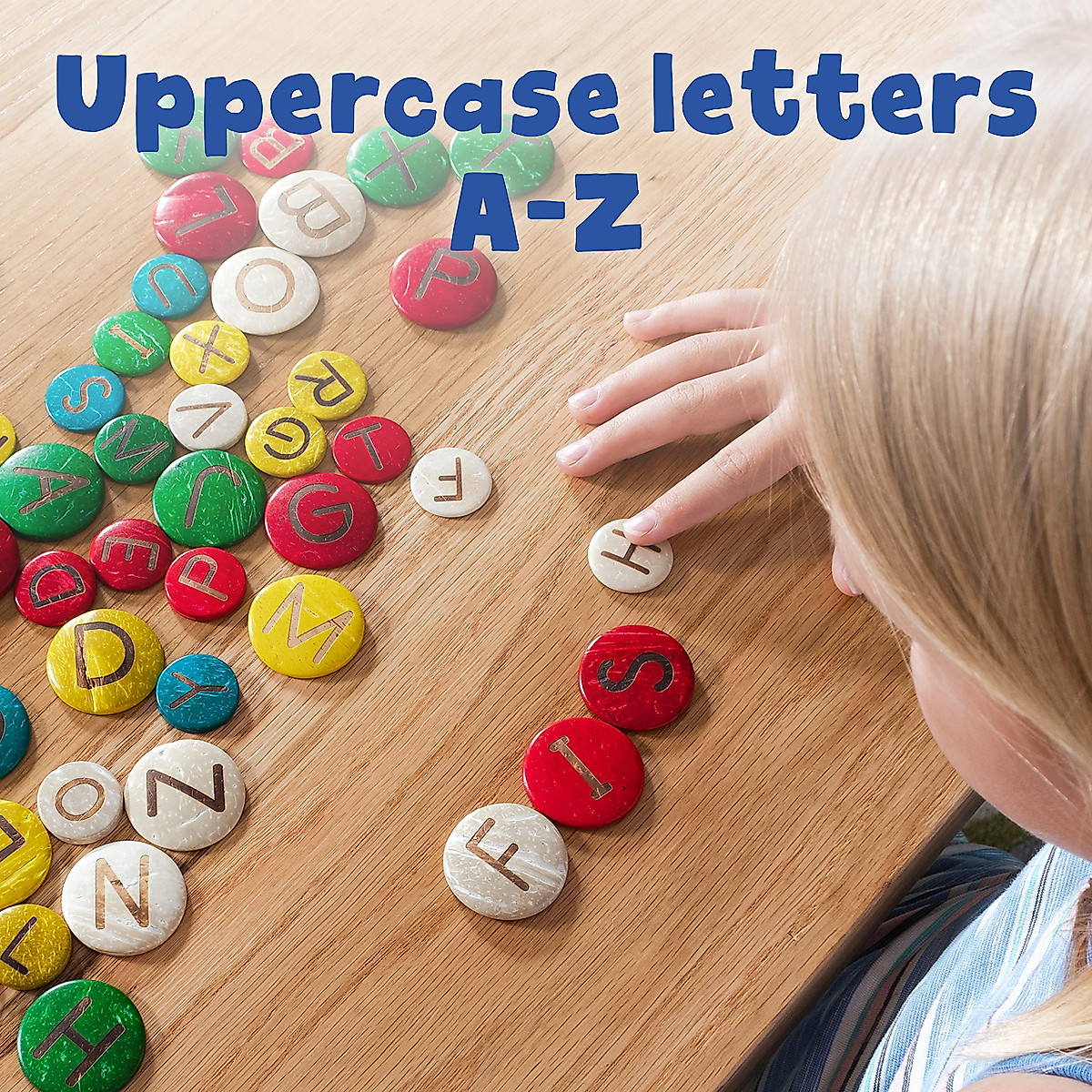 READY 2 LEARN Coconut Letters - Uppercase - Set of 52 - Natural, Hand Made Counters for Kids - Use for Crafts and Spelling Activities