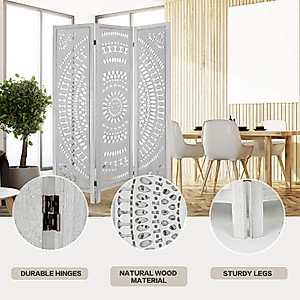 ECOMEX 3 Panel Wood Room Dividers Fully Assembled 5.6Ft Carved Room Dividers and Folding Screens Room Divider Screen Wood Freestanding Partition for Home Bedroom Office Restaurant, Retro White