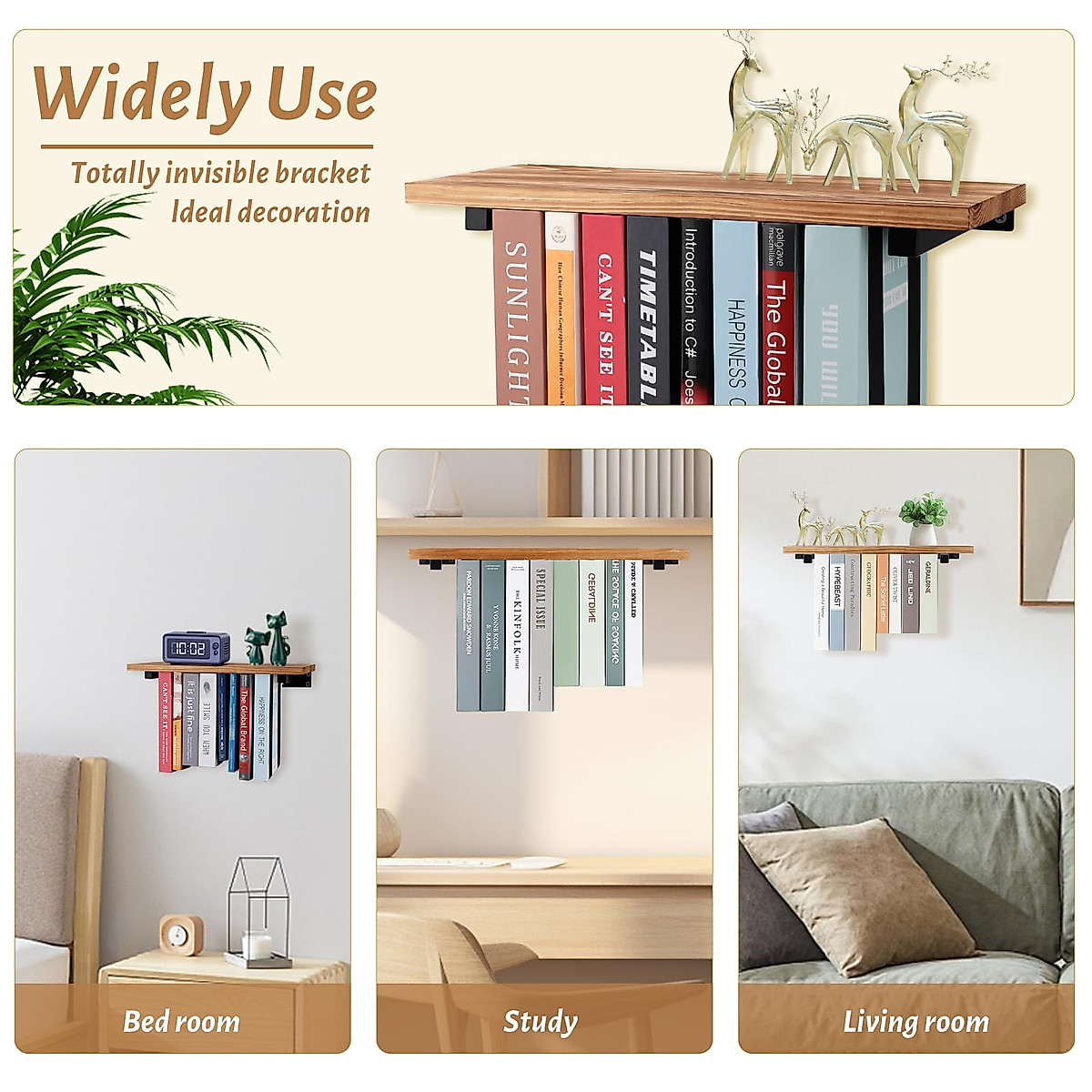 Floating Wooden Bookshelves for Wall, Elastic Bands Hanging Book Holder, Book Handmade Storage Organizer, Burlywood Bookshelf with Metal Brackets Wall Mount, 2-Pack
