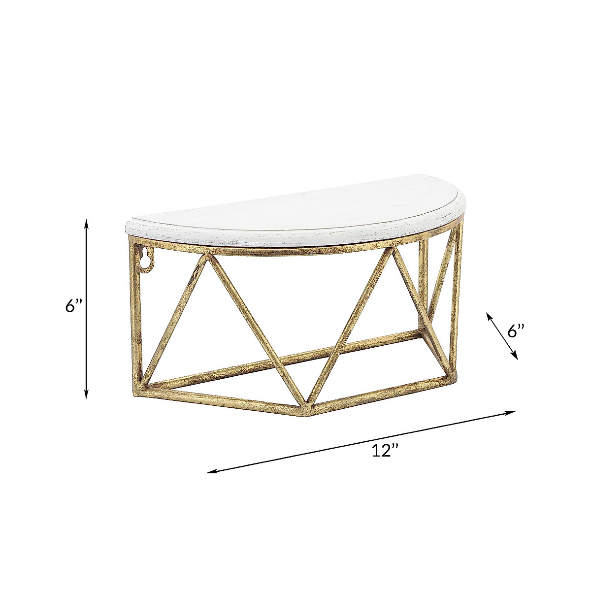 Sagebrook Home Demilune Wall Shelf Rustic Bedroom and Bathroom Shelves, White and Gold, 12 L x 6 W x 6 H Inches