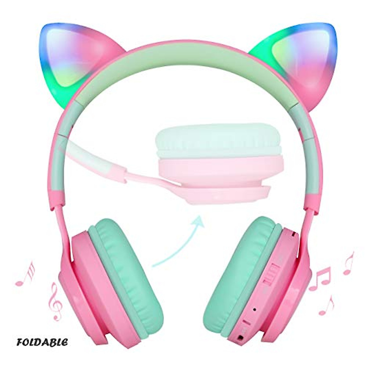 Riwbox CT-7 Cat Ear Bluetooth Headphones, LED Light Up Bluetooth Wireless Over Ear Headphones with Microphone and Volume Control for iPhone/iPad/Smartphones/Laptop/PC/TV (Pink&Green)