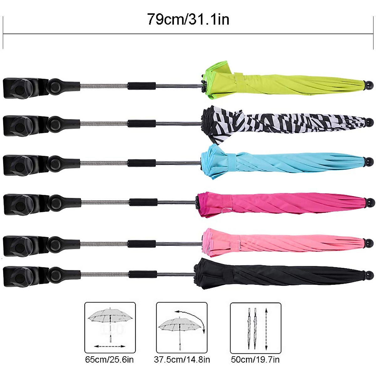 Baby Clamp-On Shade Umbrella, with Umbrella Clip Fixing Device, 79cm/31.1in Long, Great for Strollers