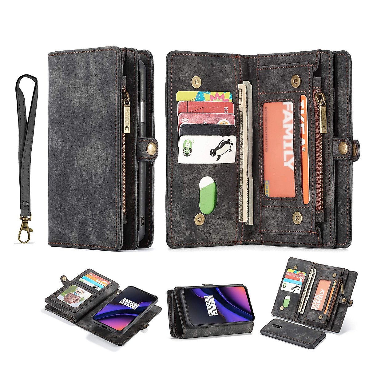 Simicoo OnePlus 7 Pro Leather Wallet Zipper Purse Detachable Card Slots Holder Flip Case Magnetic Wrist Strap Handle Shockproof Cover Pocket Wallet Handbag for OnePlus 7 Pro 1+7 Pro (Black)