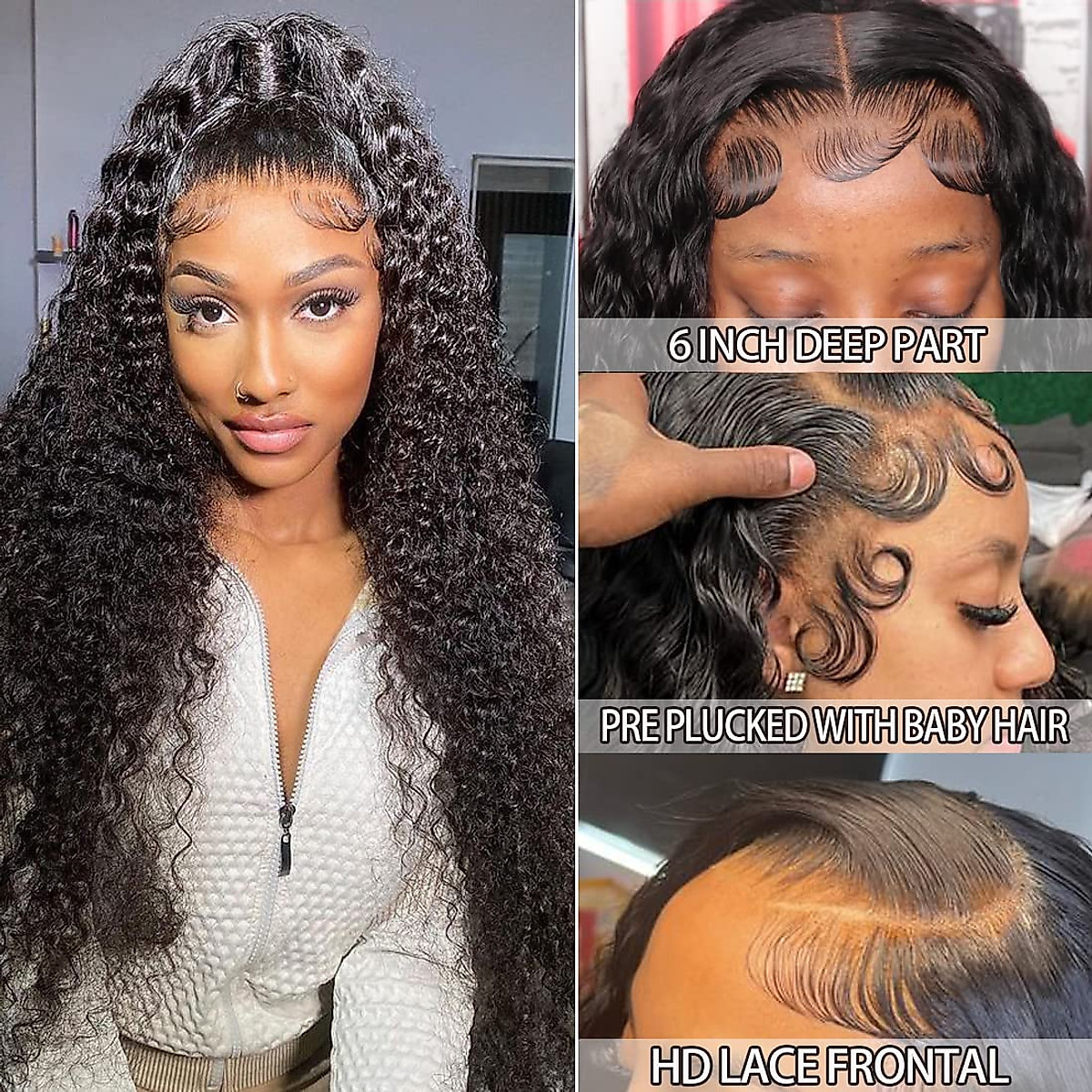 SYHGK 13x6 Deep Wave Lace Front Wigs Human Hair Wigs HD Transparent Deep Curly Lace Frontal Glueless Wigs Human Hair Lace Front Wigs Pre Plucked 150% Density Natural Black 24 Inch