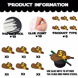 18pcs Gold Glitter Cowboy Hat 5 Dessert Cupcake Topper Cow Country Western Bull Riding Bull Rider Competition Theme Decor Supplies Boy Girl Happy 5th Birthday Party Decorations