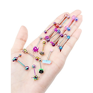 Ylqjksk Tongue Rings Surgical Steel 14G Tongue Piercing Jewelry Plastic Tongue Rings for Women Men Clear CZ Acrylic Skull Ghost Pill Glow Dark Flower T Shape Glitter Tongue Ring Rainbow 5/8inch 16MM