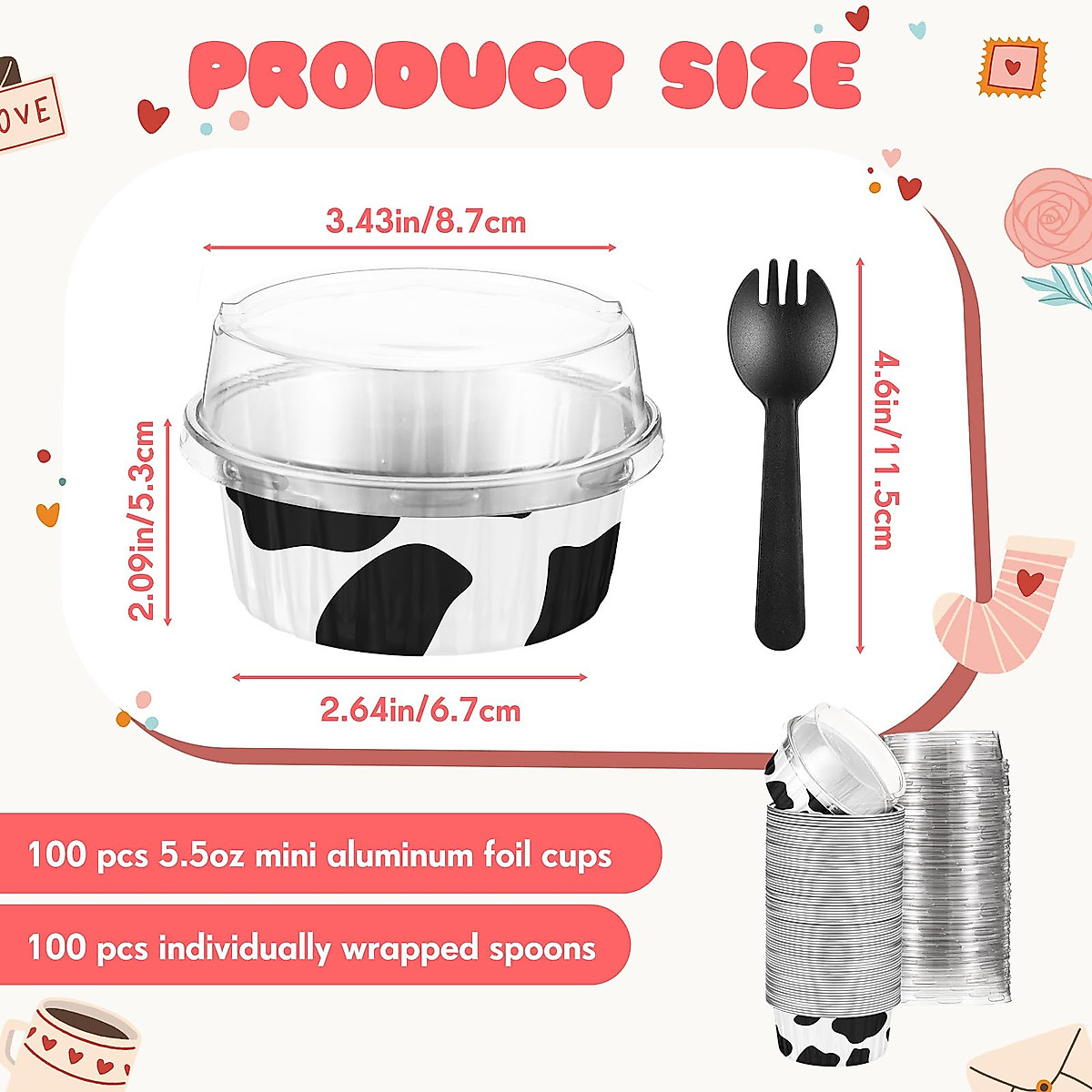 Uiifan 100 Pcs Aluminium Foil Baking Cups with Lids 5oz Cupcake Liners Disposable Ramekin Baking Cups Muffin Tins Cow Print Mini Pie Pans Cake Wrappers Containers with Spoon for Birthday Wedding Party