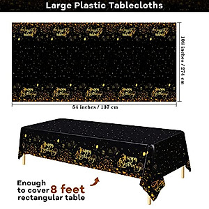 TURSTIN 2 Pack Happy Birthday Tablecloths Black Gold Plastic Table Cloth Rectangular 54 x 108 Inch Party Table Covers for Parties, Birthday, Anniversary Decorations