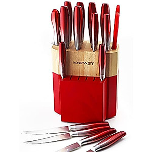Knife Set With Block, KNIFAST Full Tang 17-Pieces Kitchen Knife Set With Block Wooden German Stainless Steel Cutlery With Knife Sharpener & 6 Steak Knives (Red)