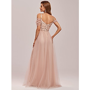 Ever-Pretty Womens Maxi Short Sleeves Straps V Neck A-line Tulle Bridesmaid Dress Rose Gold US14
