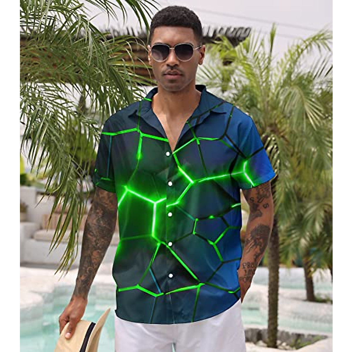 ALISISTER Men Shirt Flash Lava 3D Graphic Hawaiian Tropical Aloha Slimming Fit Tops Short Sleeve Button Down Collar Summer Beach Clothing