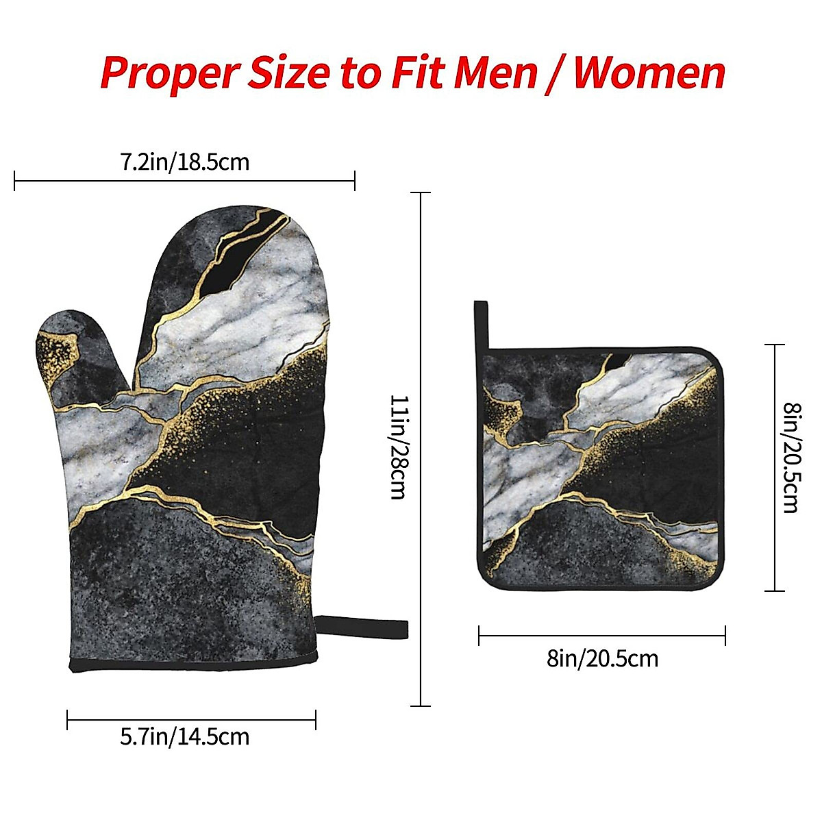 Oven Mitts and Pot Holders Sets of 3 Black Marble Gold Crack Kitchen Potholder Gloves Heat Resistant Non-Slip for Chef Baking Cooking Grilling BBQ Mittens