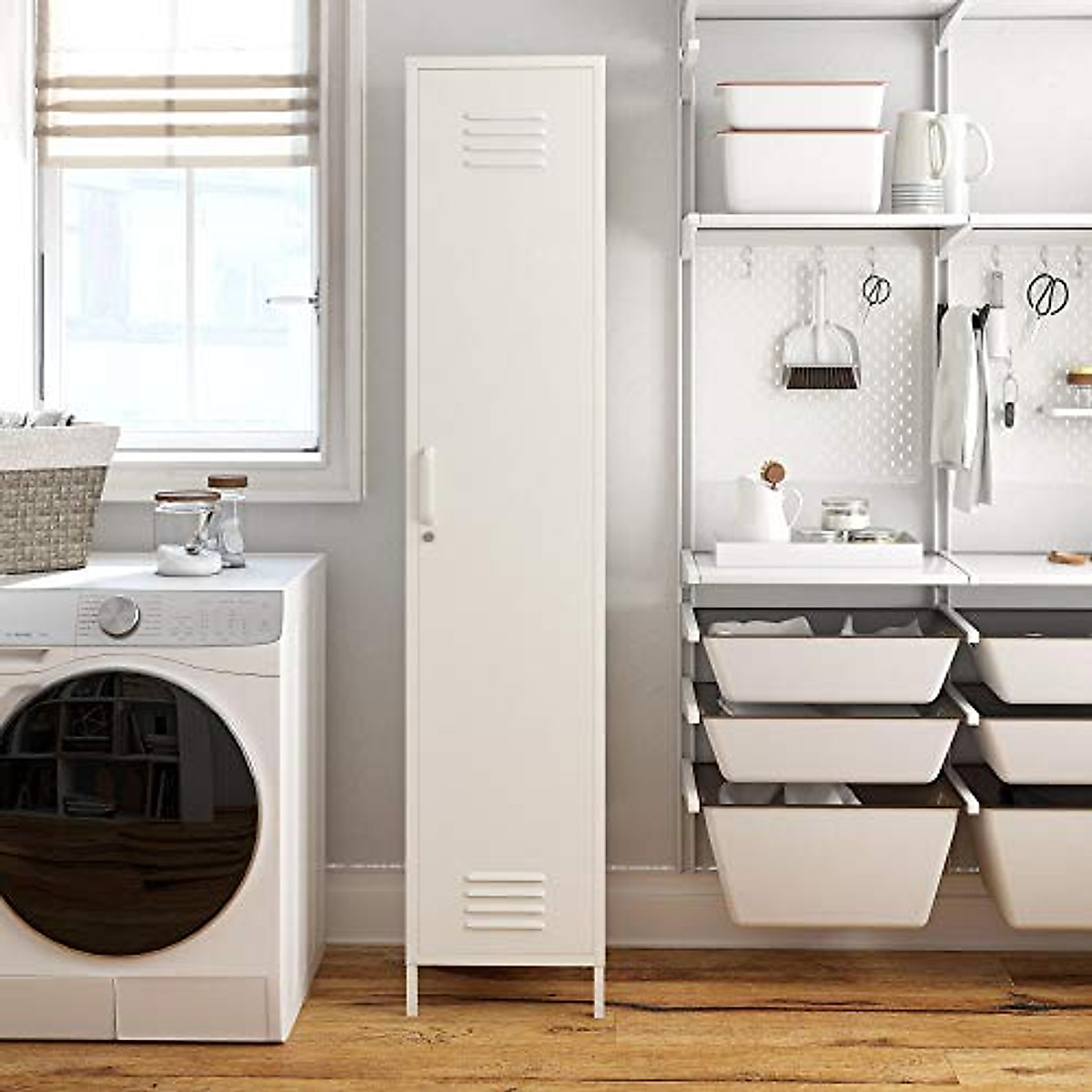 REALROOMS Shadwick 1 Door Tall Single Metal Locker Style Storage Cabinet, Soft White