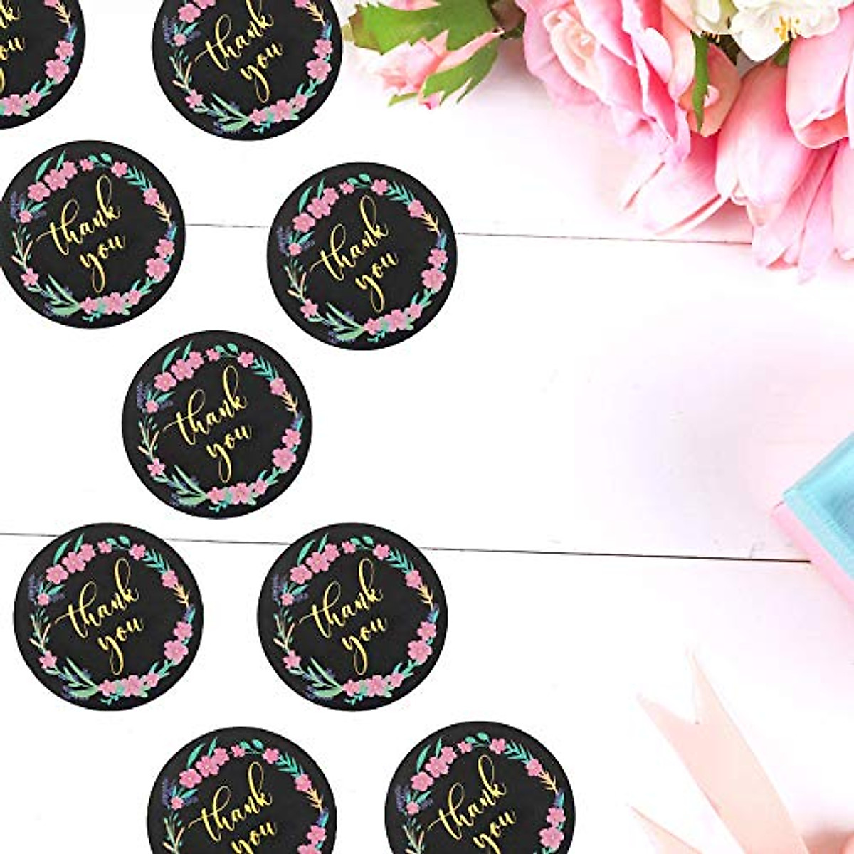 Thank You Stickers Roll - 1.5 inch Thank You Stickers with Floral Base Color, Gold Foil Design, 500 Thank You Stickers for Small Business, Gift Bags, Envelopes Seals, Mailer Stickers and More