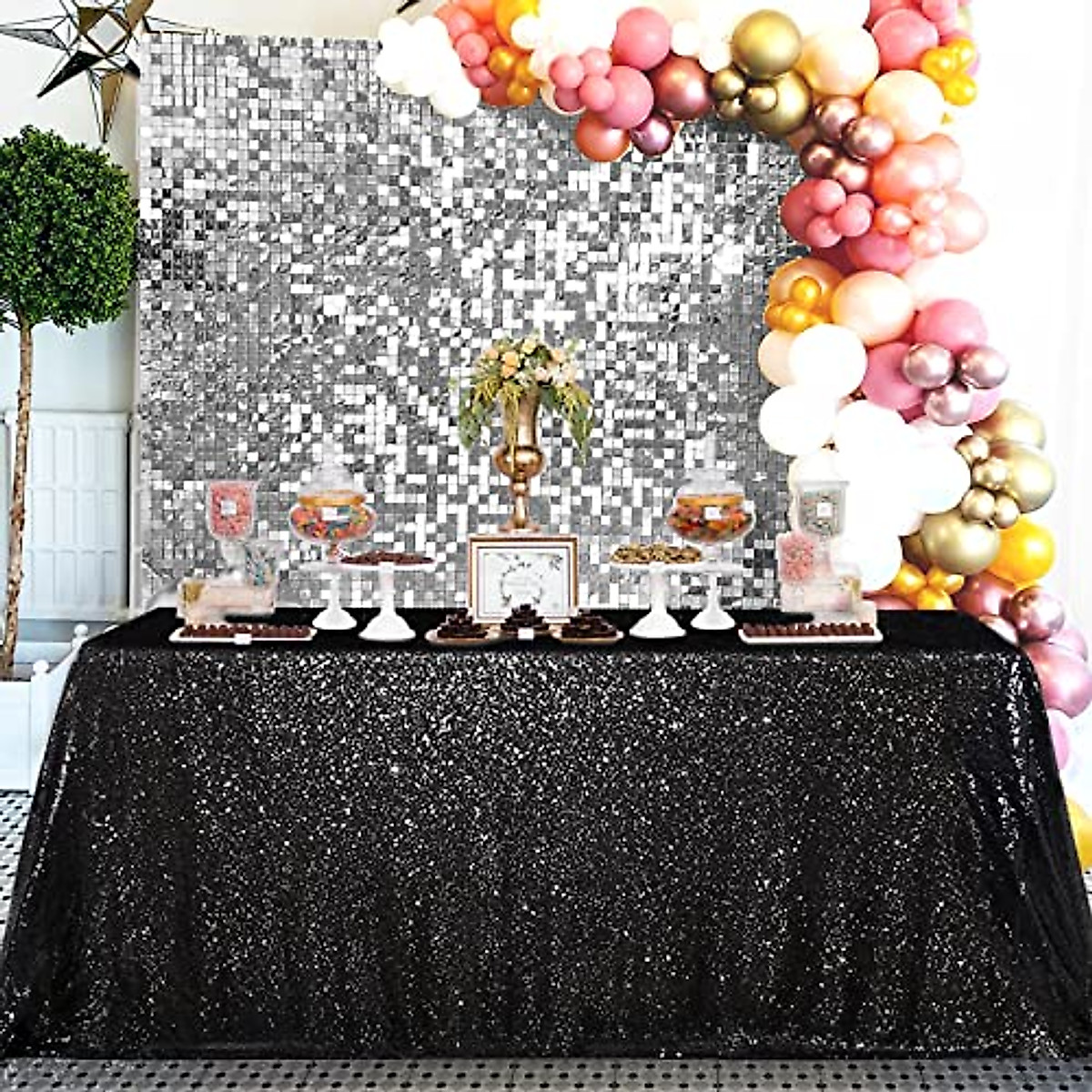 QueenDream Sequin Tablecloth 60x102 Inch Black Tablelcoth Wedding Glitter Tablecloth for Birthday Party Graduation Decor