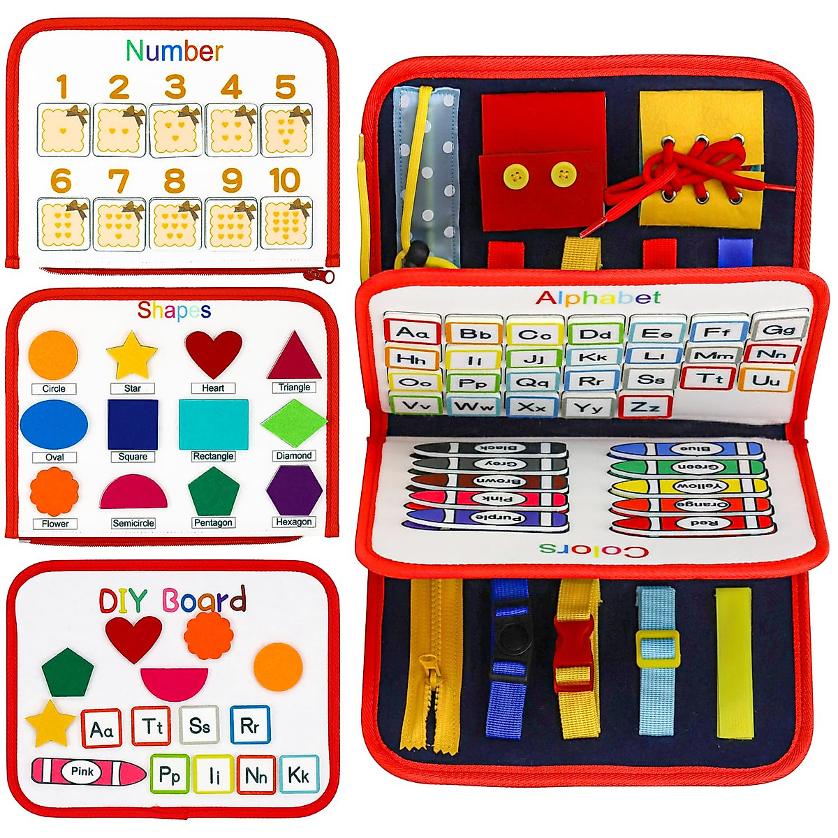 Busy Board for Toddlers Age 1-6, Montessori Early Education Activity Toddler Toys for Basic Skills Learning,Dress and Alphabet Spell Cognition, Bag Designed Enlighten Toy for Infants, Boys and Girls