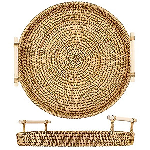 Hipiwe Round Rattan Serving Tray with Handles Wicker Tray Coffee Table Decorative Tray Hand Woven Serving Basket Ottoman Trays for Fruit Bread Parties Breakfast