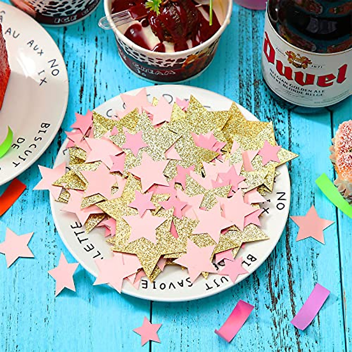 200 Pieces Stars Confetti Sprinkles Glitter Stars Confetti Pink Star Confetti Double Sided Star Paper Confetti Baby Shower Table Confetti for Table Wedding Birthday Party Supplies, 3 Styles