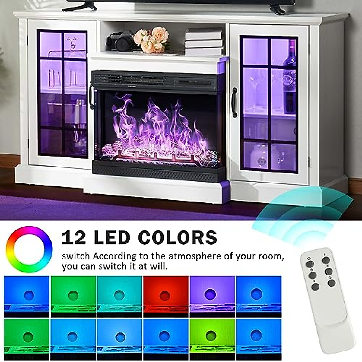 oneinmil Fireplace TV Stand with 3-Sided Glass Electric Fireplace,59'' Modern Media Entertainment Center with Farmhouse Glass Door Storage Cabinet, TV Cabinet for TVs up to 65",for Living Room,White