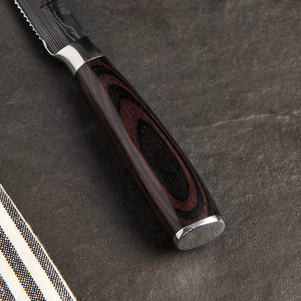 SENKEN Professional Steak Knife Set with Damascus Pattern - Razor Sharp Serrated Stainless Steel & Wood Handle (Steak Knives Set of 6)