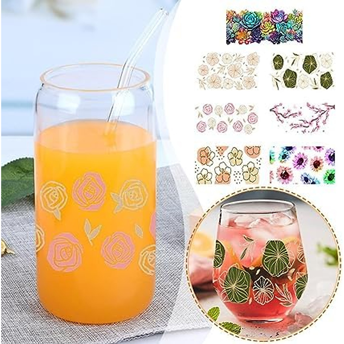 Coloured UV DTF Cup Wrap,Succulents Theme Rub on Transfers Decals,UV DTF Transfer Waterproof Sticker for Glass Coffee Cups,Vintage Cups Wrap Transfer Stickers Decals Iron-on Transfers Trim and