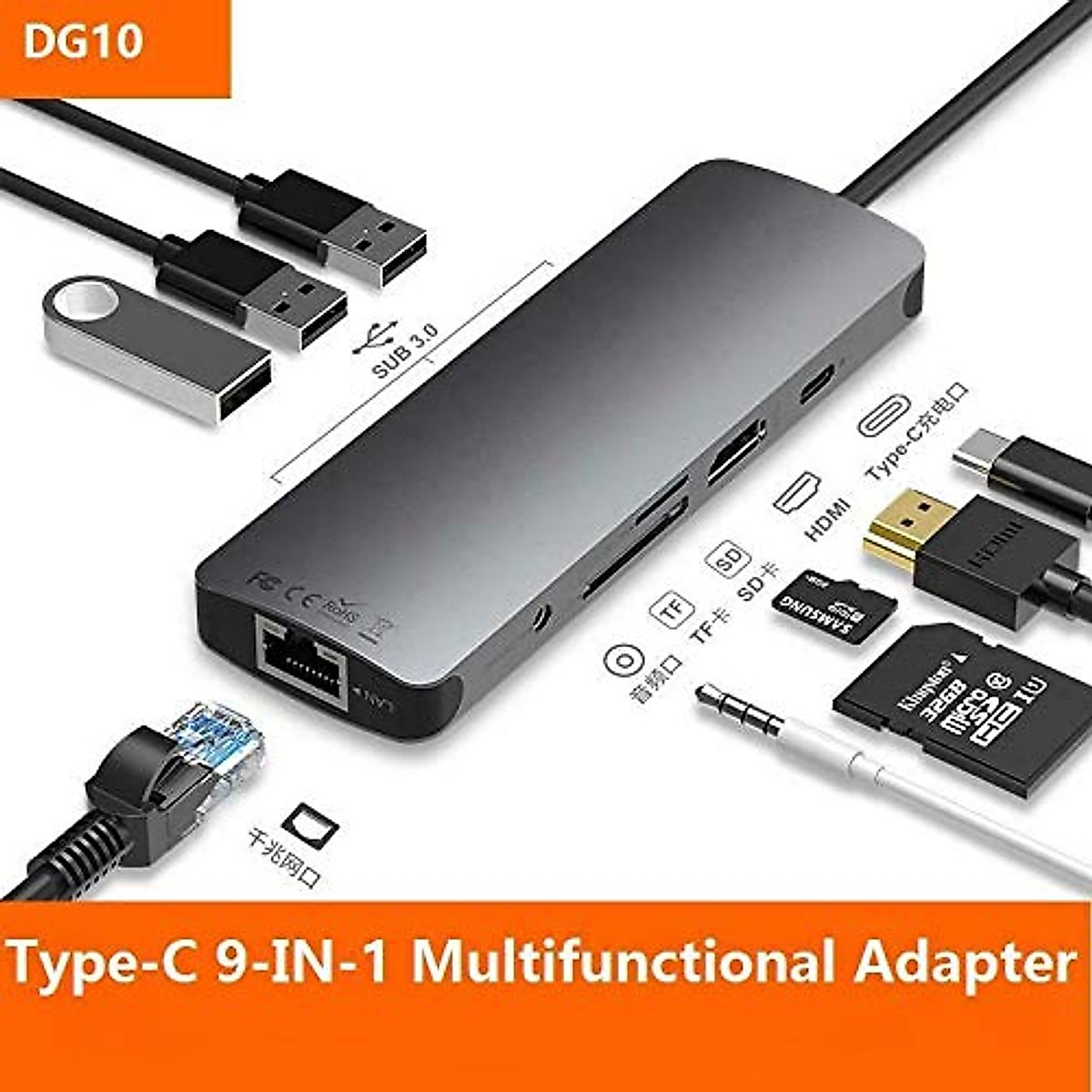 USB C Hub USB3.0 HDMI PD Charging Docking Station Converter USB Readable SD Card, 9-in-1 4K Type C Adapter Compatiable for MacBook and Windows (Silver)