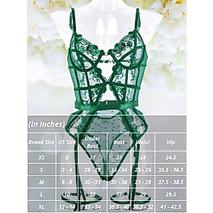 Kaei&Shi Bodysuit Lingerie for Women,Plunge Underwire Floral Lace Teddy Lingerie,Sexy Cutout Thong One Piece Body Suit with Garter St Patricks Dark Green Medium