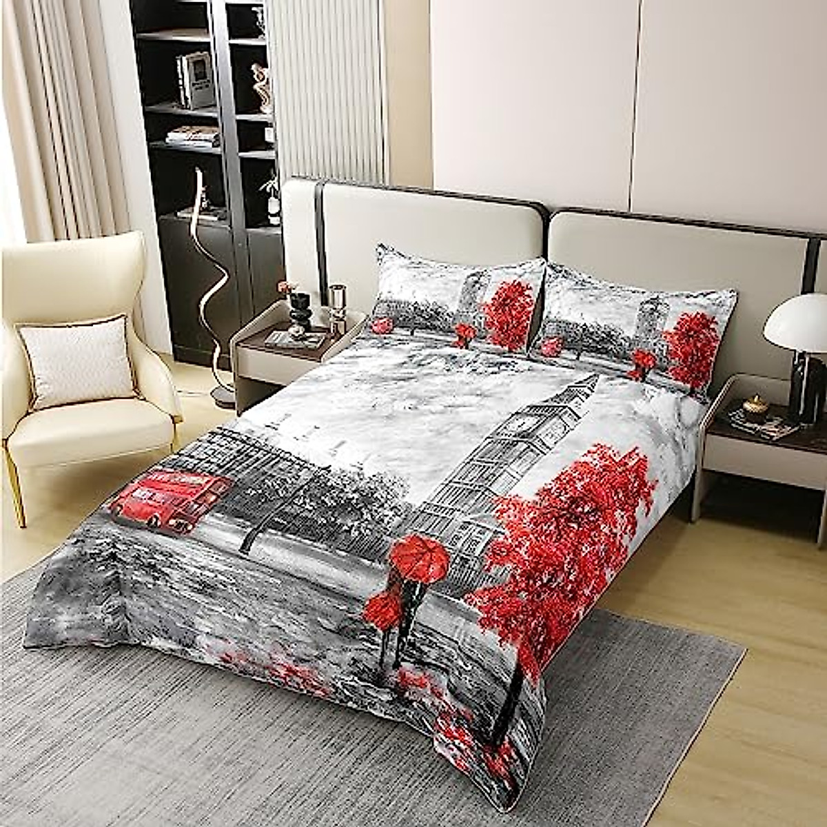Big Ben Cotton Duvet Cover Set Queen Kids women Men London Romantic Couple Bedding Set Soft Breathable 100% Cotton Comforter Cover Set Grey Red Double Decker Bus Duvet Cover Bed Set Chic Bedroom Decor