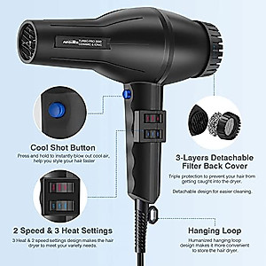 ARDIRO 2000W Professional Hair Dryer, Negative Ionic Salon Hair Blow Dryer for Quick Drying with AC Motor, Hairdryer with Diffuser & Concentrator, 3 Heat & 2 Speed Setting for Women Men Kids -Black