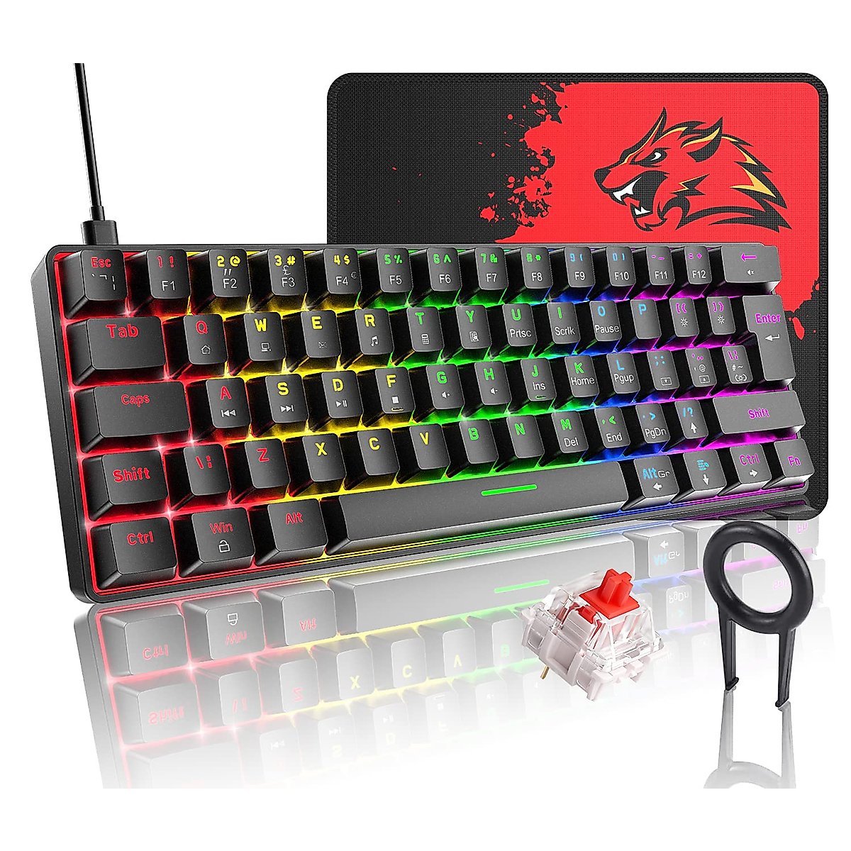 60% True Mechanical Gaming Keyboard Ultra-compact with 20 Rainbow Backlit Type C Wired Programmable 62 Keys Linear Red Switch Waterproof Non-Conflict and Gaming Mouse Pad  for PC/Laptop/PS5（Black)