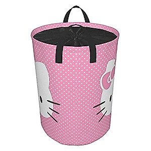 ZHANGJQ Pink Hello Kitty Laundry Hamper Laundrys Basket Large Waterproof Drawstring Foldable with Handles 48L Round Storage Bag,Bathroom/Bedroom/Dorm