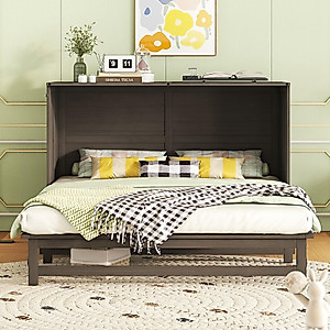 Harper & Bright Designs Murphy Bed Cabinet Queen with Storage Drawer and Charging Station, Wooden Foldable Murphy Chest Bed for Home, Office, Studio or Guest Room, Antique Gray