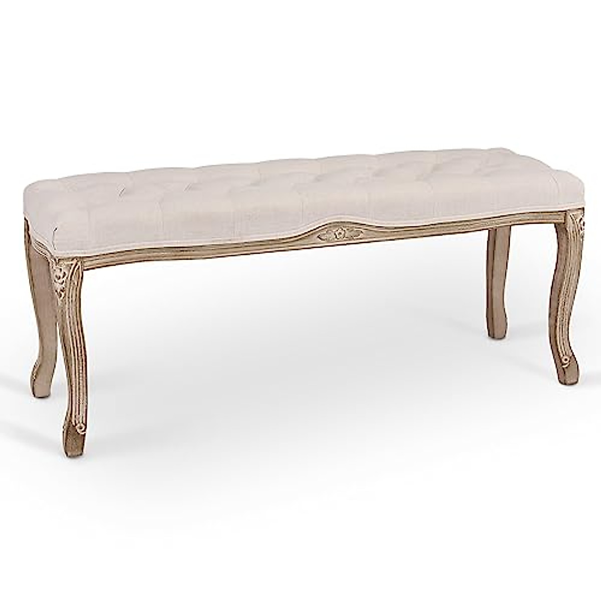 VONLUCE French Vintage Bench with Padded Seat & Rubberwood Legs, 44" Upholstered Entryway Bench & Dining Bench, Tufted Fabric End of Bed Bench for Bedroom Living Room Hallway More, Beige