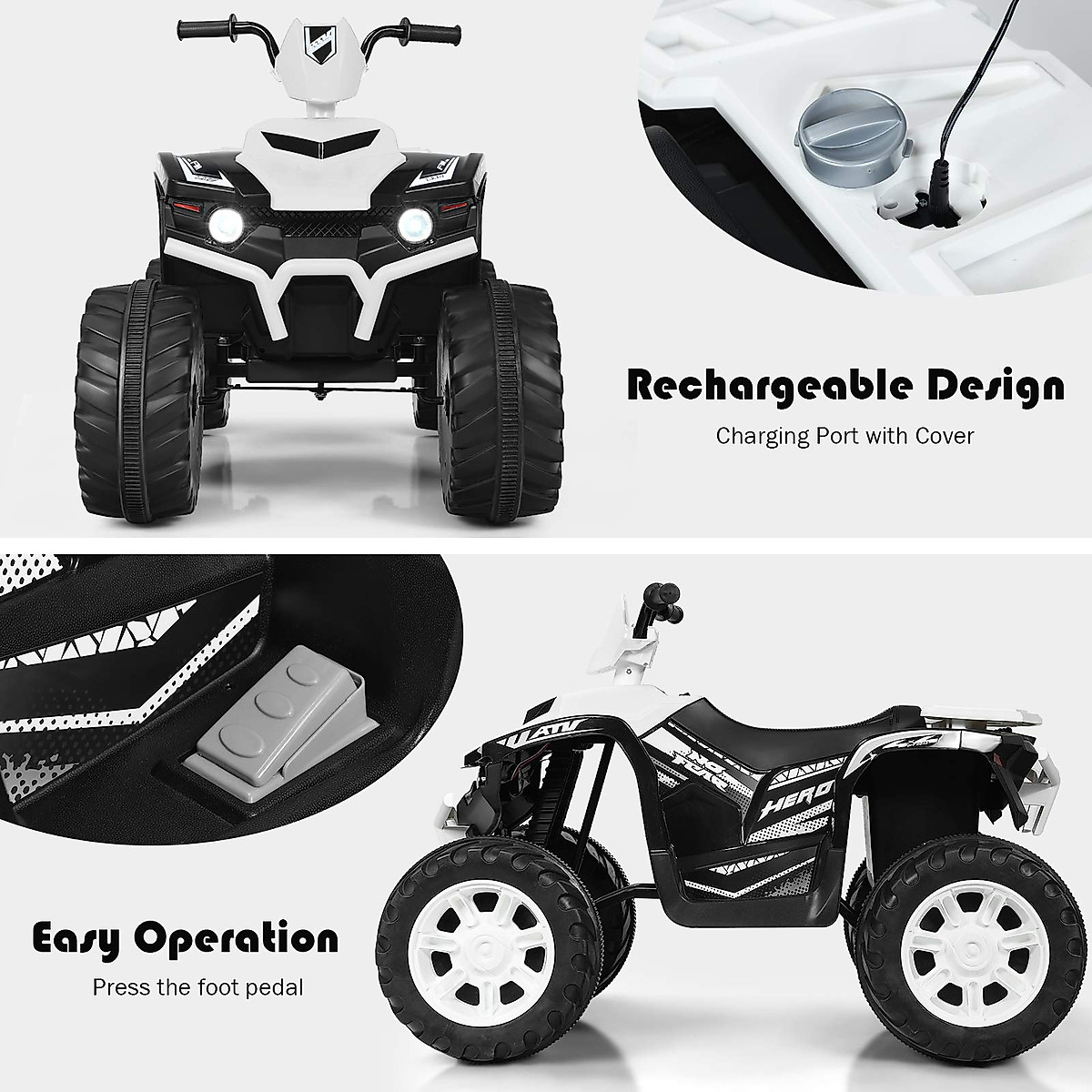 Costzon Kids ATV, 12V Battery Powered Electric Vehicle w/LED Lights, High & Low Speed, Horn, Music, USB, Treaded Tires, Ride on Car 4 Wheeler Quad for Boys & Girls Gift, Ride on ATV (White)