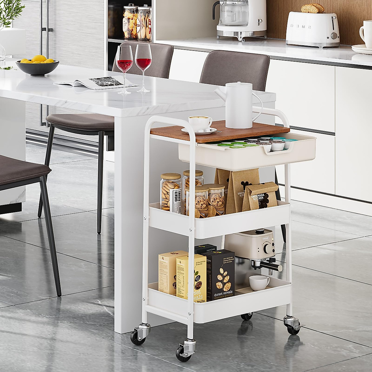 TOOLF 3-Tier Utility Rolling Cart with Wooden Board and Drawer, Metal Storage Cart with Handle, White Trolley Kitchen Organizer Rolling Desk with Locking Wheels for Office, Classroom, Home, Bedroom