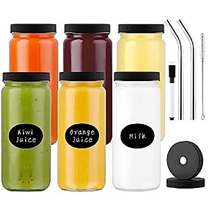 Glass Juice Bottles for Juicing, Airtight Lids & 4 Straws & 4 Lids w Hole, 16 oz Jars with Lids, Reusable Travel Water Cups, 12 Labels for Smoothies, Tea, Milk, Homemade Beverage (6 Pack, Black Lids)