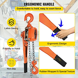 VEVOR Lever Chain Hoist, 0.75Ton 1650lbs Capacity Ratchet Puller with 10FT Max. Lifting Height, Come Along 2 Heavy Duty Steel Hooks, Manual Handling Tool for Cargo Moving in Construction, Warehouse , Orange