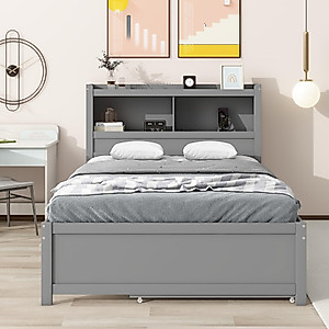 SIYSNKSI Full Size Platform Bed with Trundle, Wooden Platform Bed Frame with Drawers and USB Plugs, Multi-Function Platform Bed for Kids Teens Boys Girls Bedroom, Easy Assembly (Gray + Pine-31a)
