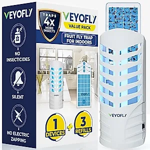 VEYOFLY Fly Trap, Plug in Flying Insect Trap, Fruit Fly Traps for Indoors-Safer Home Indoor- Bug Light Indoor Plug in- Mosquito,Fruit Fly, Gnat Trap, Flea Trap, Bugs- No Odor (1 Device+3 Refills)