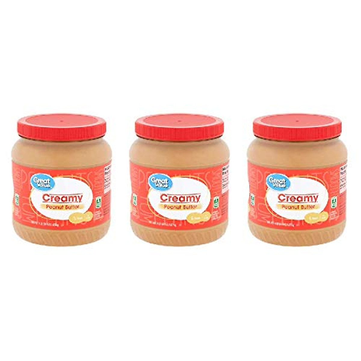 Great Value Creamy Peanut Butter, 64 oz (Gluten-Free) - Pack of 3