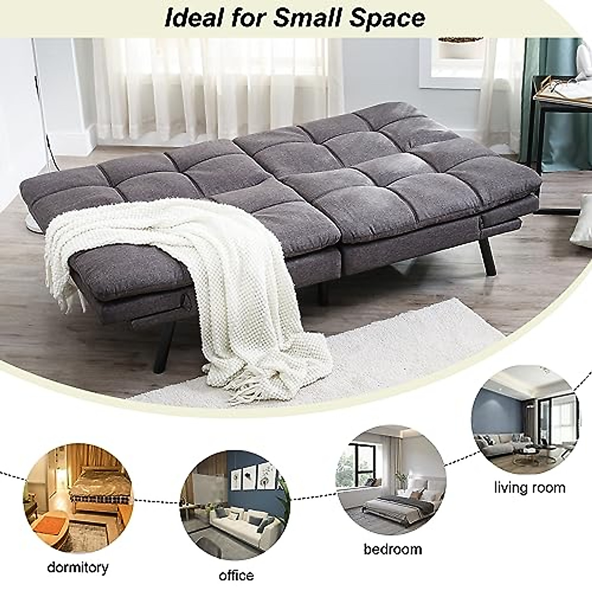Maxspeed Futon Sofa Bed, Memory Foam Sleeper Couch, Convertible Sofa Bed with Adjustable Armrests and Backrest, Loveseat Sofa, Daybed Couch, Modern Couch for Living Room, Office, Small Space, Grey