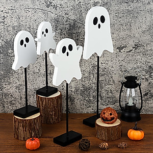 Halloween Standing Table Decor Ghost Wooden Signs Halloween Tiered Tray Decorations Ghost Table Centerpiece Tall Block Sign for Halloween Party Home Room Decor, 4 Pcs