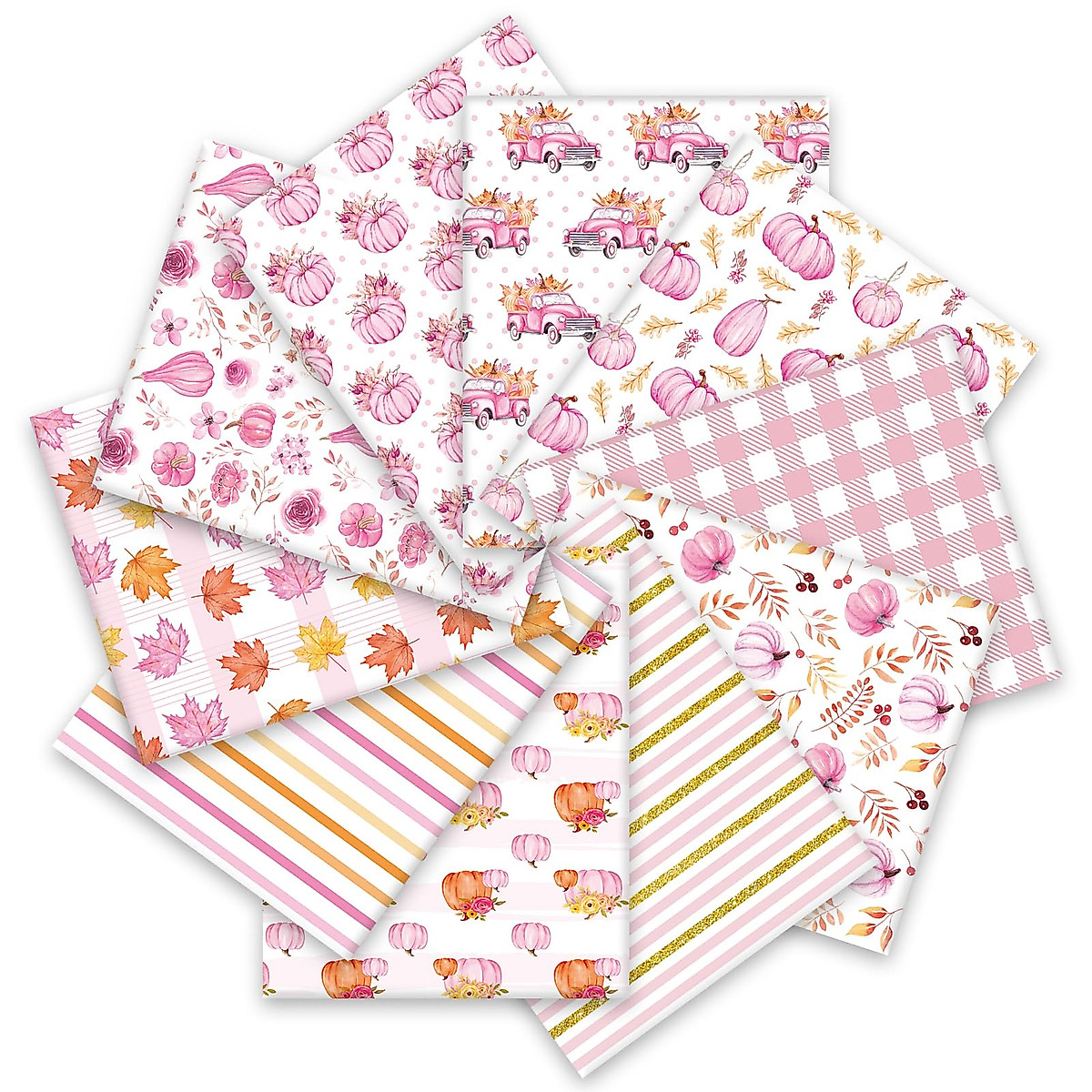 JarThenaAMCS 10Pcs Fall Cotton Fabric Bundles Pink Pumpkin Maple Leaf Truck Fat Quarters Autumn Thanksgiving Quilting Patchwork for DIY Craft Home Party Decor, 18 x 22 Inch