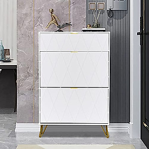 Anbuy Shoe Cabinet, Free Standing Tipping Bucket Entryway Shoes Cabinets, Shoes Storage Cabinet with 3 Flip Drawers, Narrow Shoe Rack Cabinet for Entryway, Modern Shoes Organizer (White)